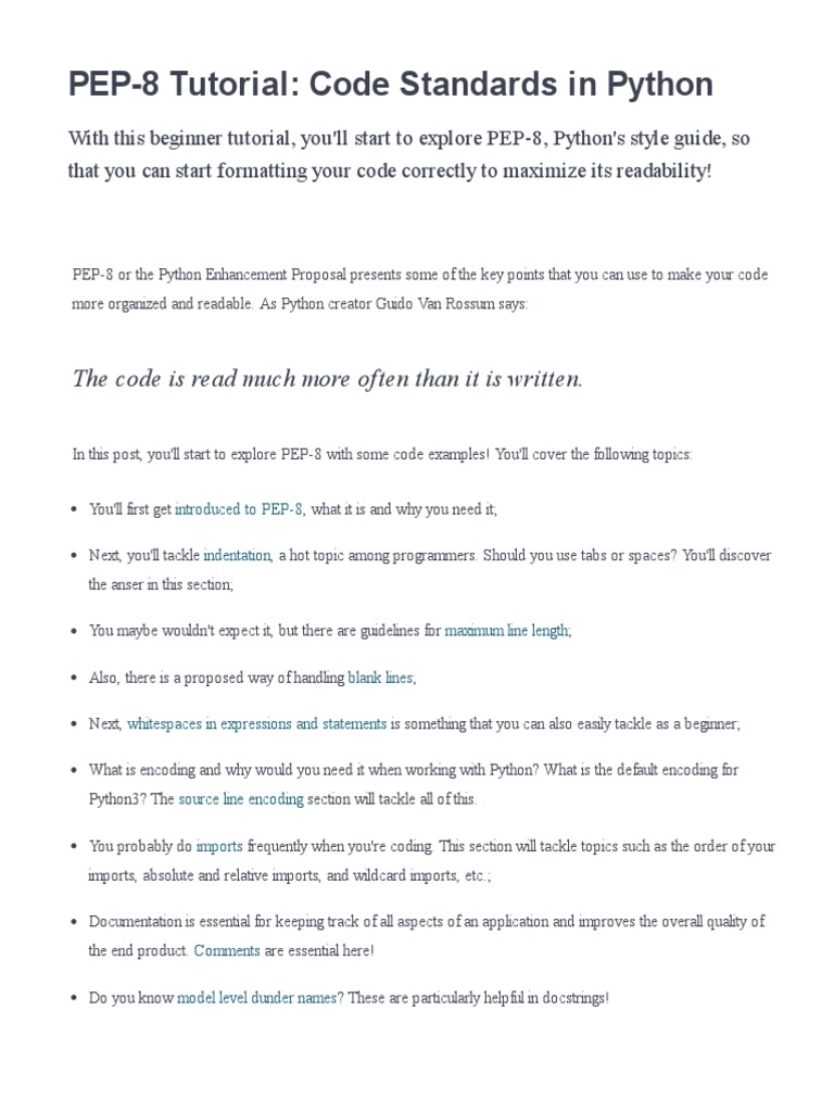 Pep 8 Tutorial Code Standards In Python Pdf Pdf Character Encoding String Computer Science