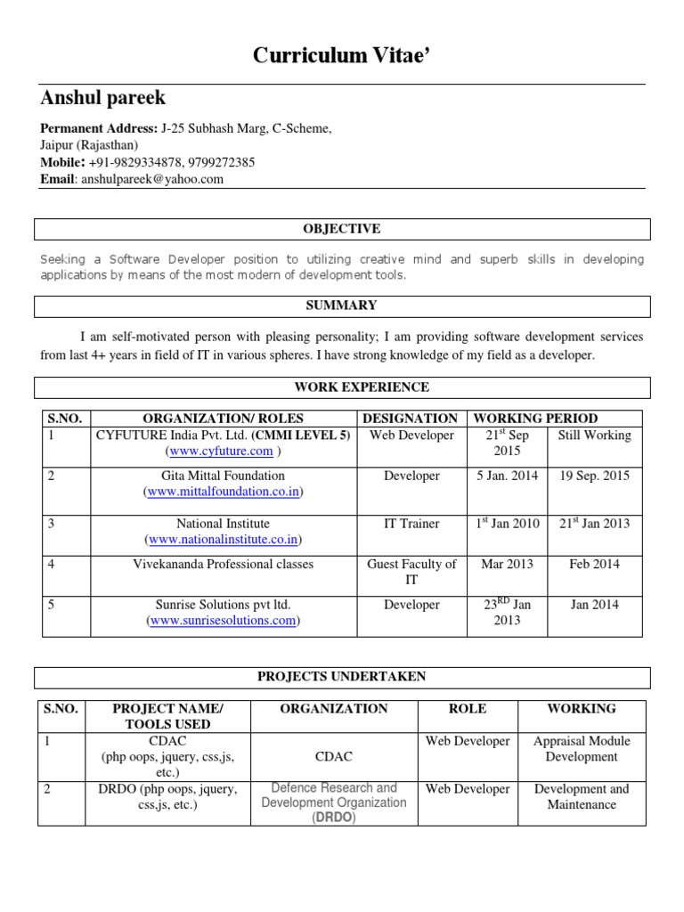 Curriculum Vitae': Anshul Pareek | PDF | Application Software | Information Technology