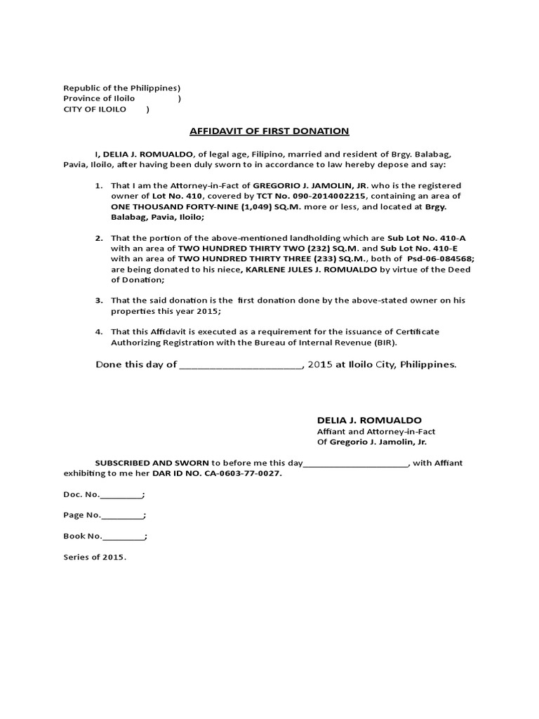 Affidavit of First Donation | PDF