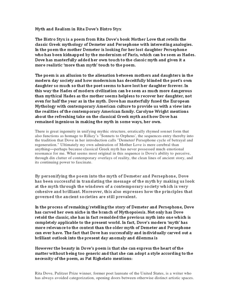 Myth and Realism in Rita Dove's Bistro Styx | PDF | Greek Mythology ...