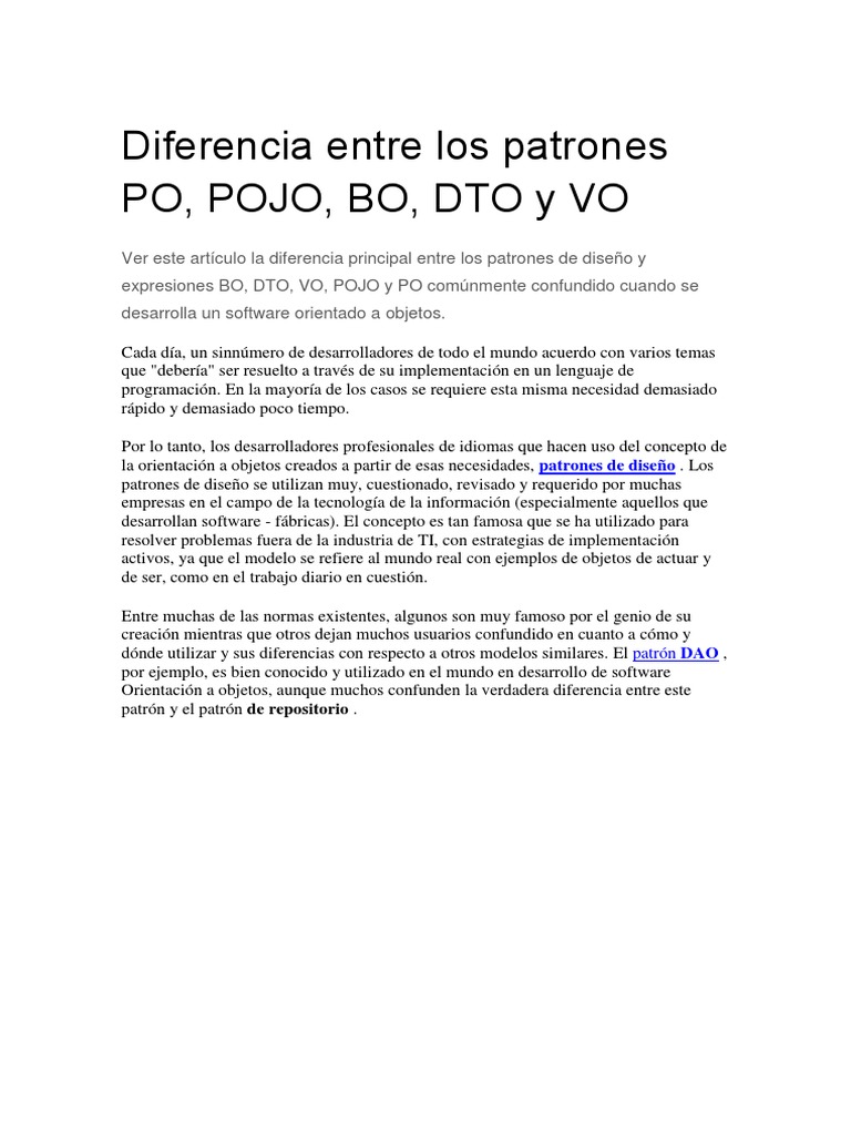 Diferencia Entre Los Patrones PO, POJO, BO, DTO, VO | PDF | Objeto ...