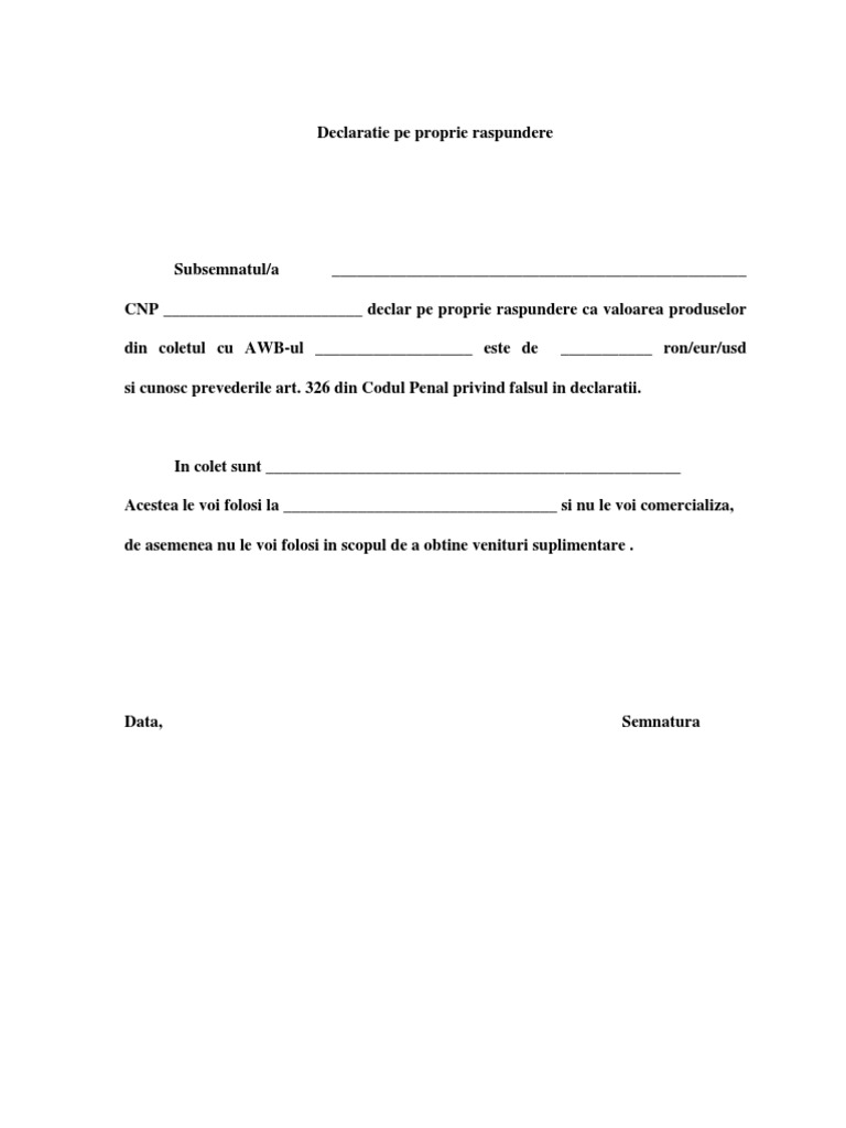 Declaratie Pe Propria Raspundere Art.326 | PDF