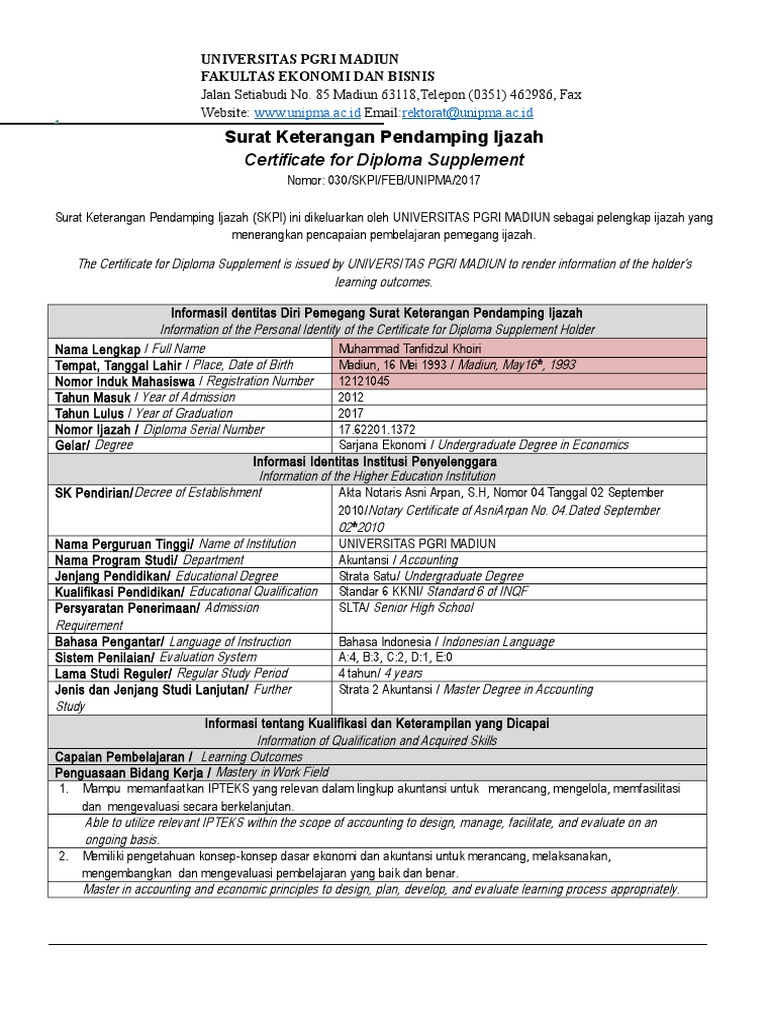 Contoh Pengisian SKPI | PDF