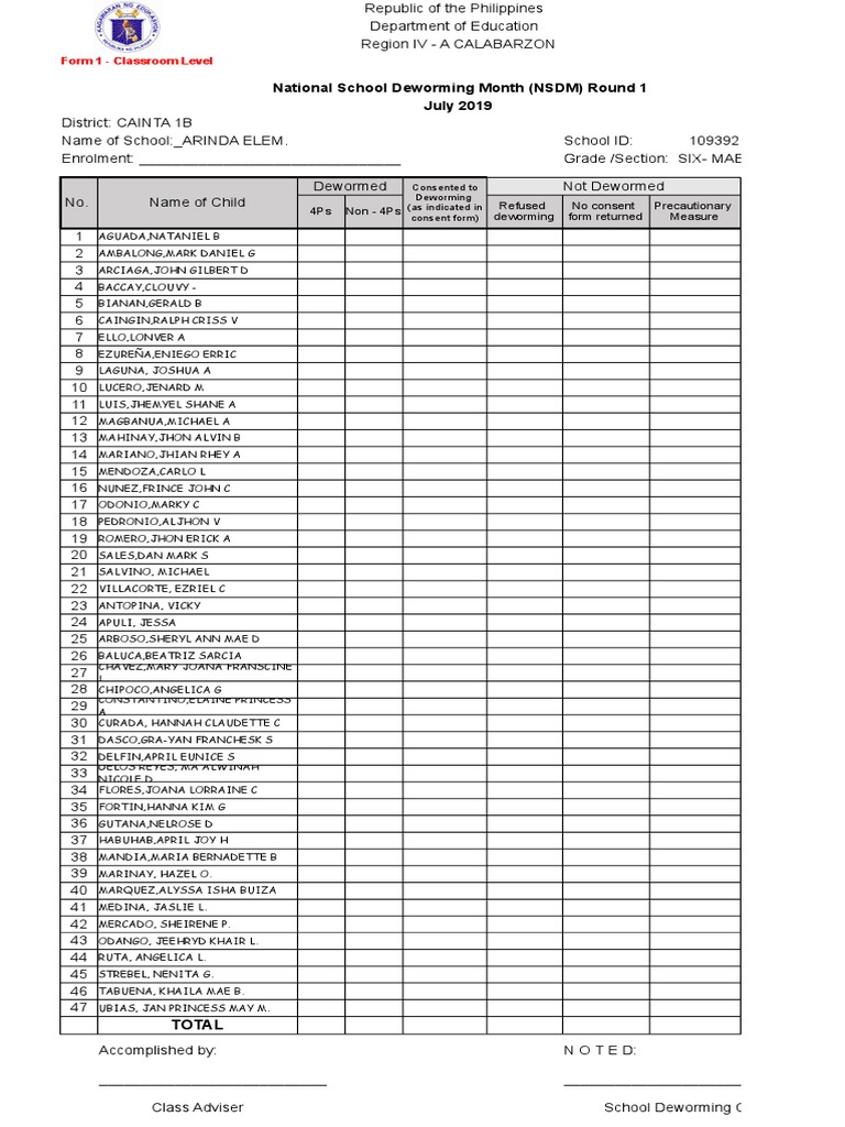 National School Deworming Month (NSDM) Round 1 July 2019: Form 1 ...