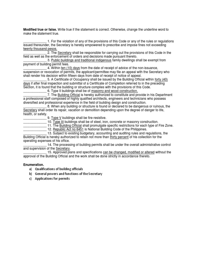 Modify true or false statements about building codes | PDF | Building ...
