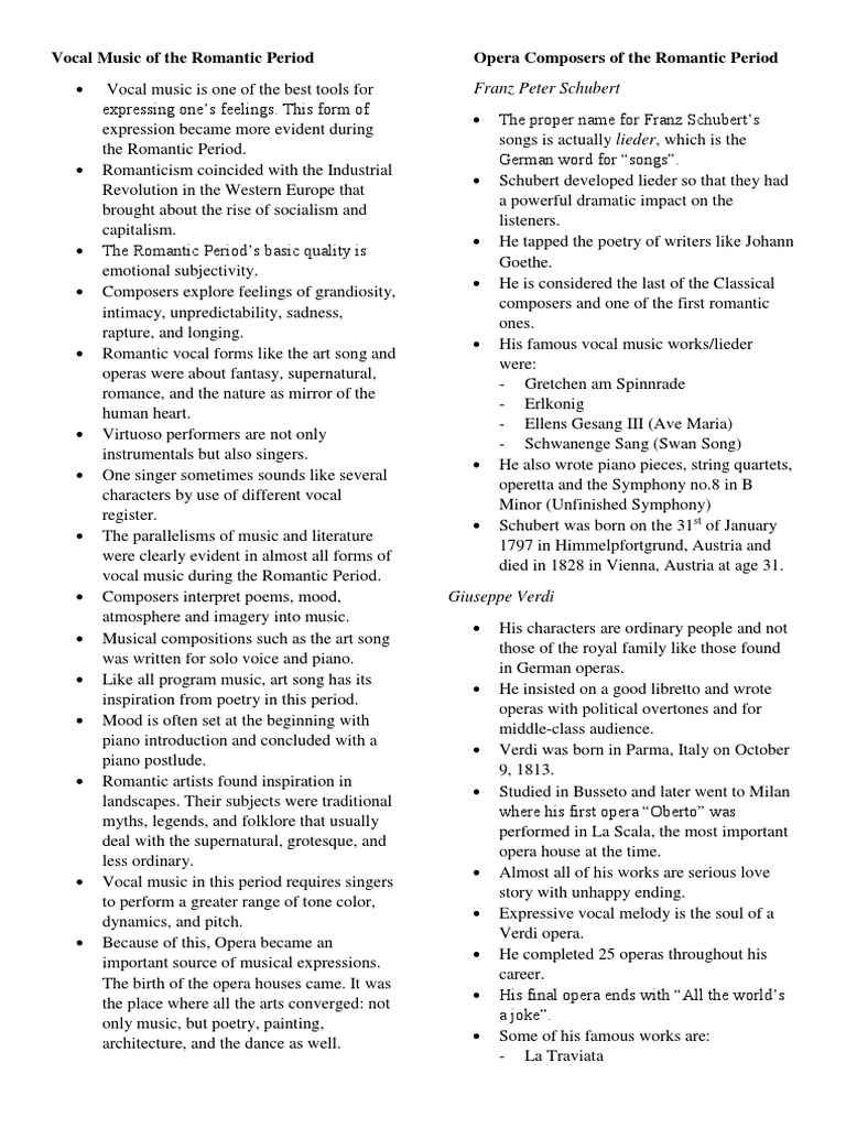 Vocal Music of The Romantic Period Opera Composers of The Romantic ...