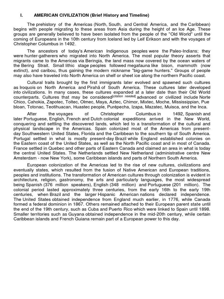 I. AMERICAN CIVILIZATION (Brief History and Timeline) : (Citation ...