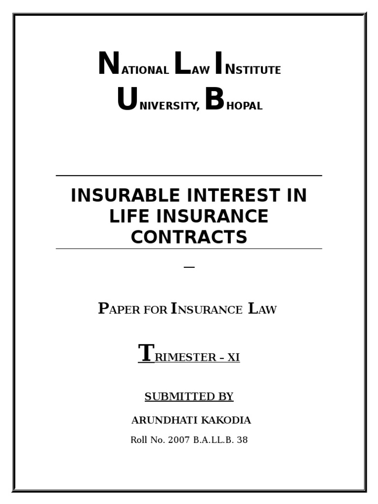N L I U B: Insurable Interest in Life Insurance Contracts | PDF