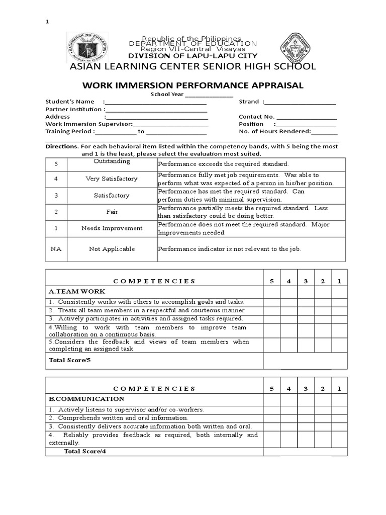 2 08 2018 Work Immersion Appraisal Form doc Performance Appraisal