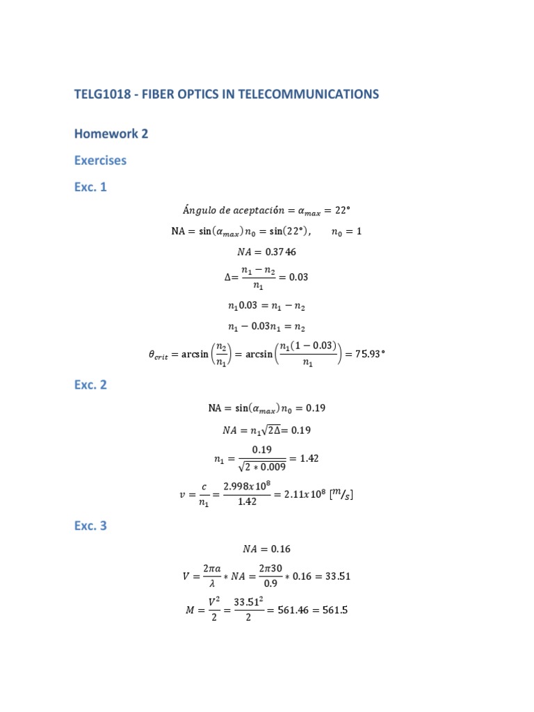 Telg1018 - Fiber Optics in Telecommunications Homework 2: Exercises Exc ...