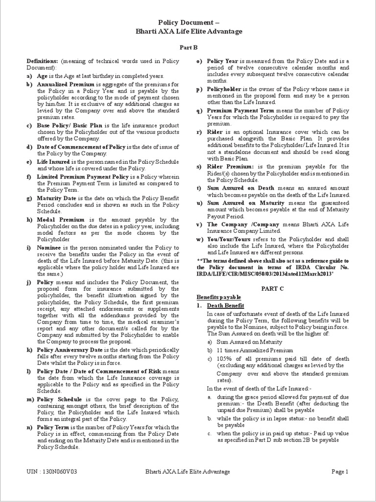 Bharti AXA Policy Document Elite Advantage | PDF | Insurance Policy ...