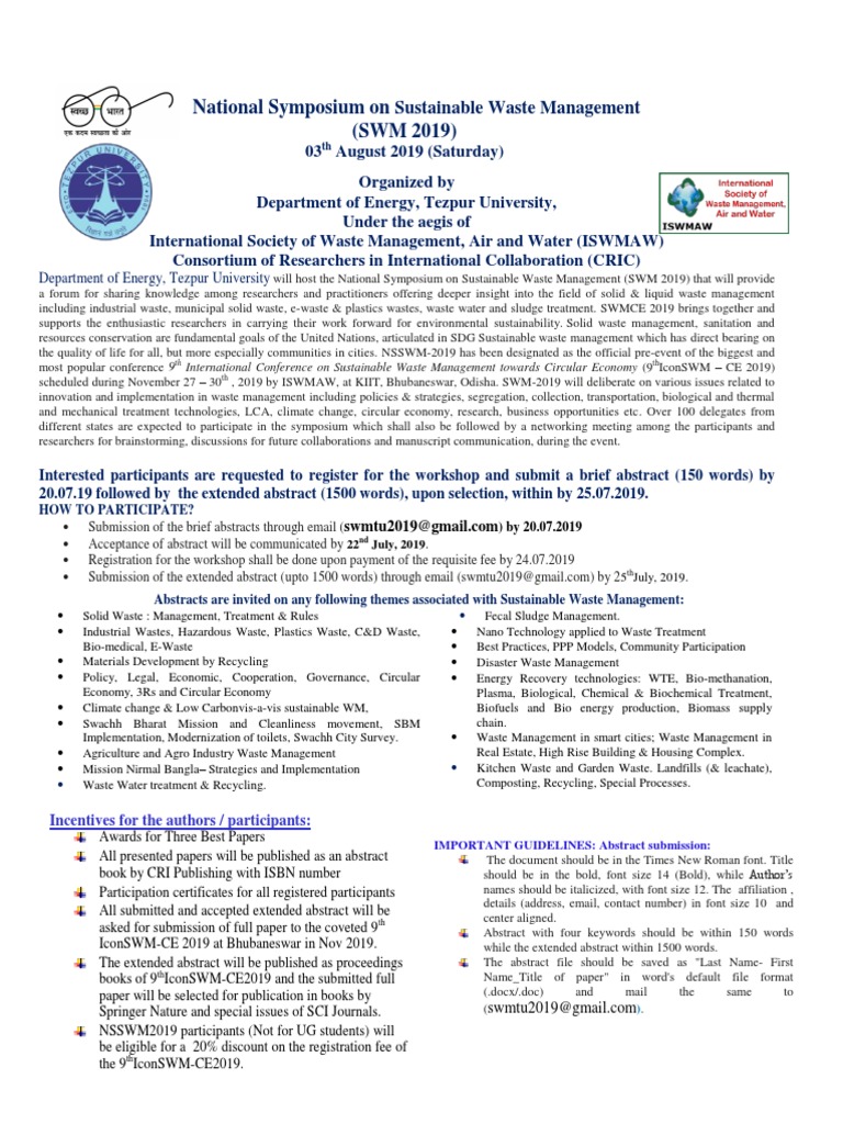 National Symposium On (SWM 2019) : Sustainable Waste Management | PDF ...