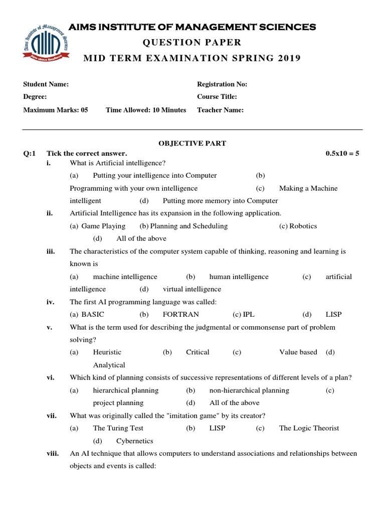 Aims Institute OF Management Sciences Question Paper Mid Term ...