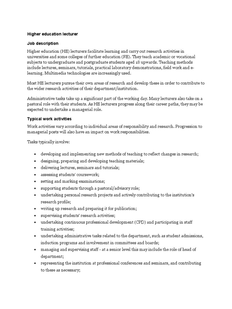 Higher Education Lecturer Job Description | PDF | Lecturer | Doctor Of ...