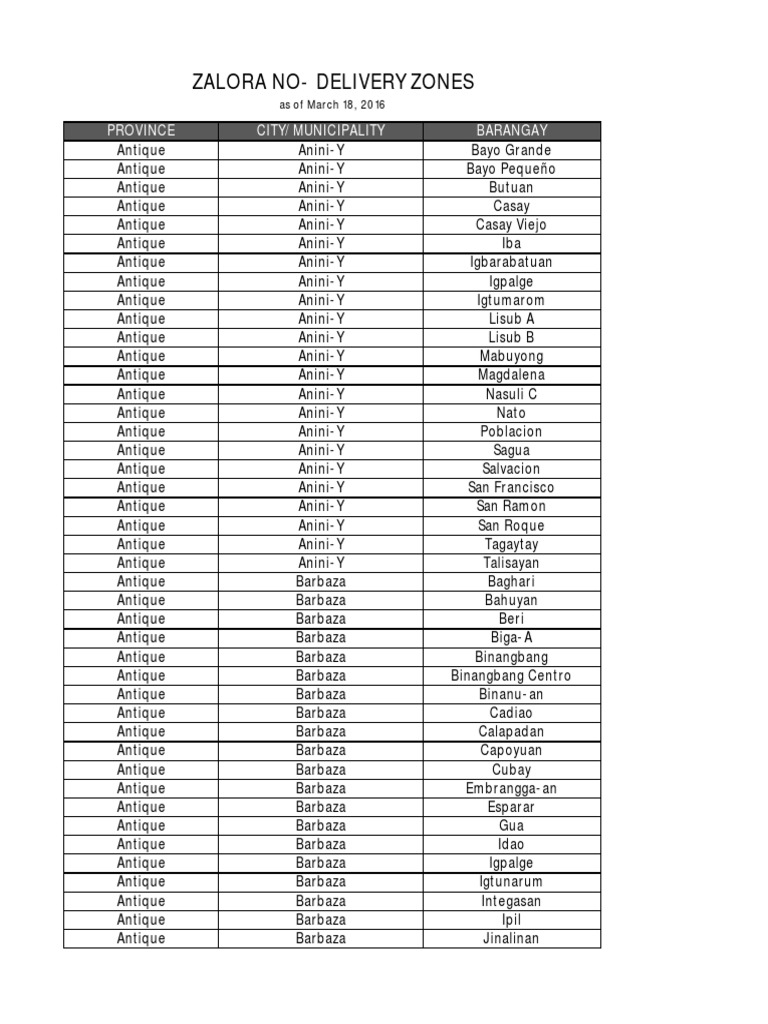 No Delivery Zones - 03182016 PDF | PDF | Philippines