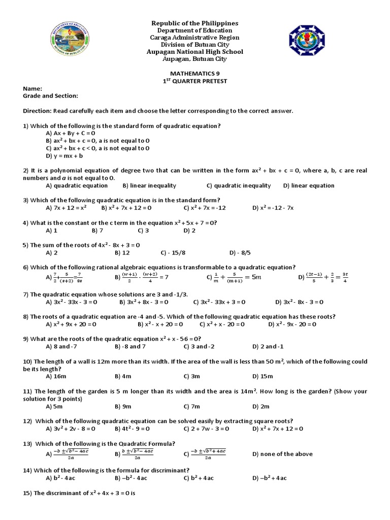 Pretest MATHEMATICS 9 | PDF | Quadratic Equation | Equations