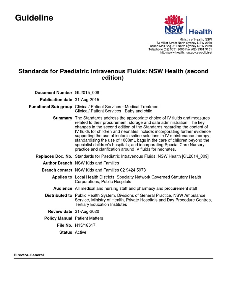 Guideline: Standards For Paediatric Intravenous Fluids: NSW Health ...