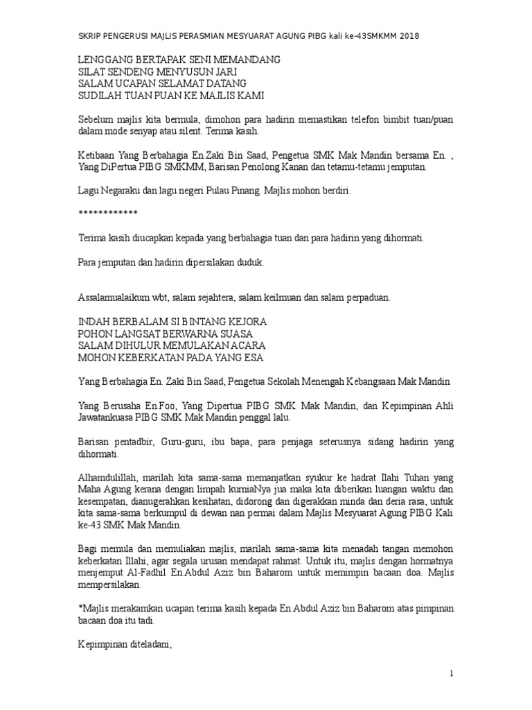 Skrip Pengacara Majlis Mesyuarat Agung PIBG | PDF