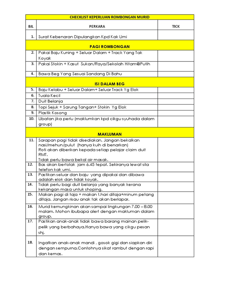 Checklist Keperluan Rombongan Murid | PDF