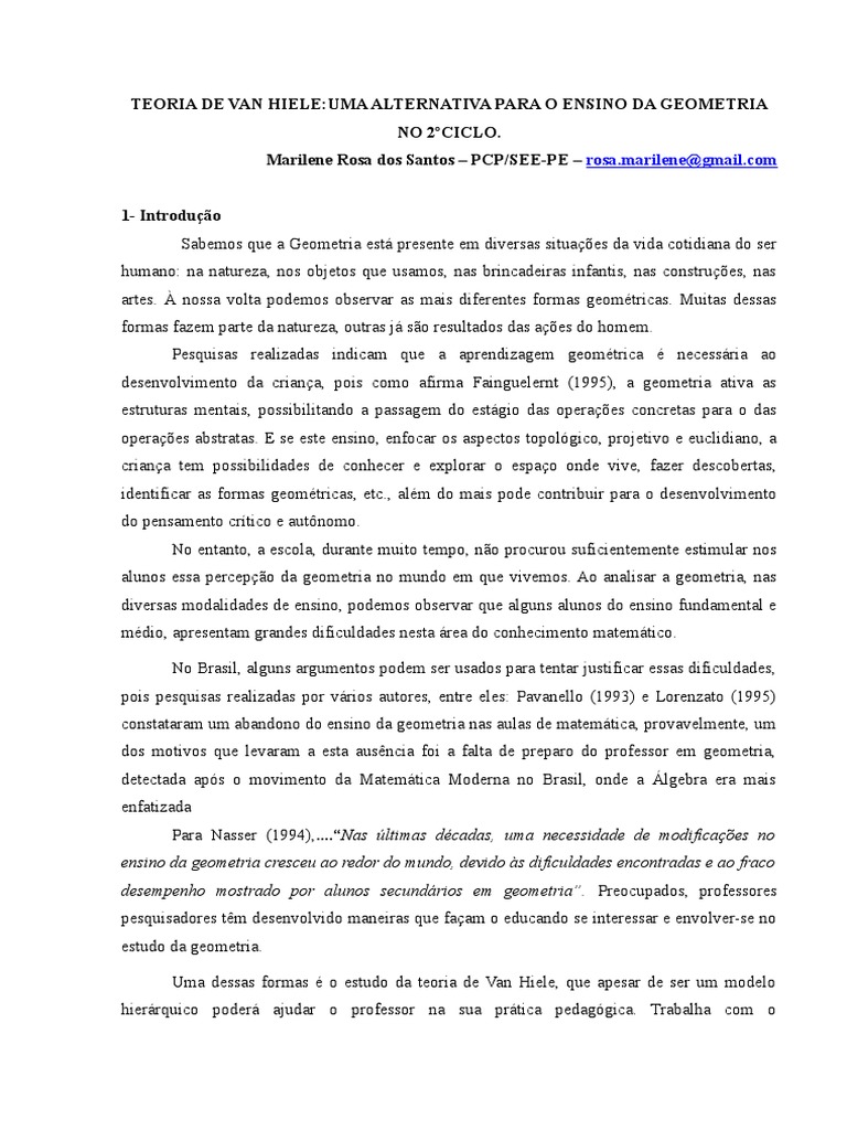 Teoria de Van Hiele: Uma Alternativa para o Ensino Da Geometria No ...
