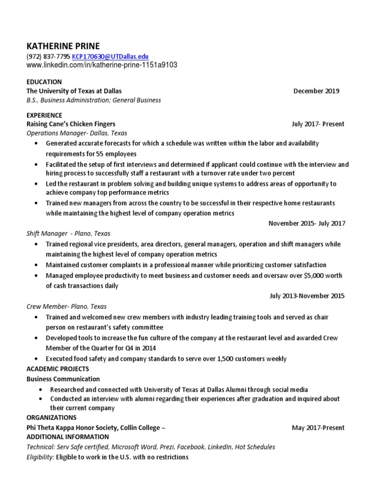 Jsom Undergraduate Resume Katherine Prine | PDF | Texas | Operations ...