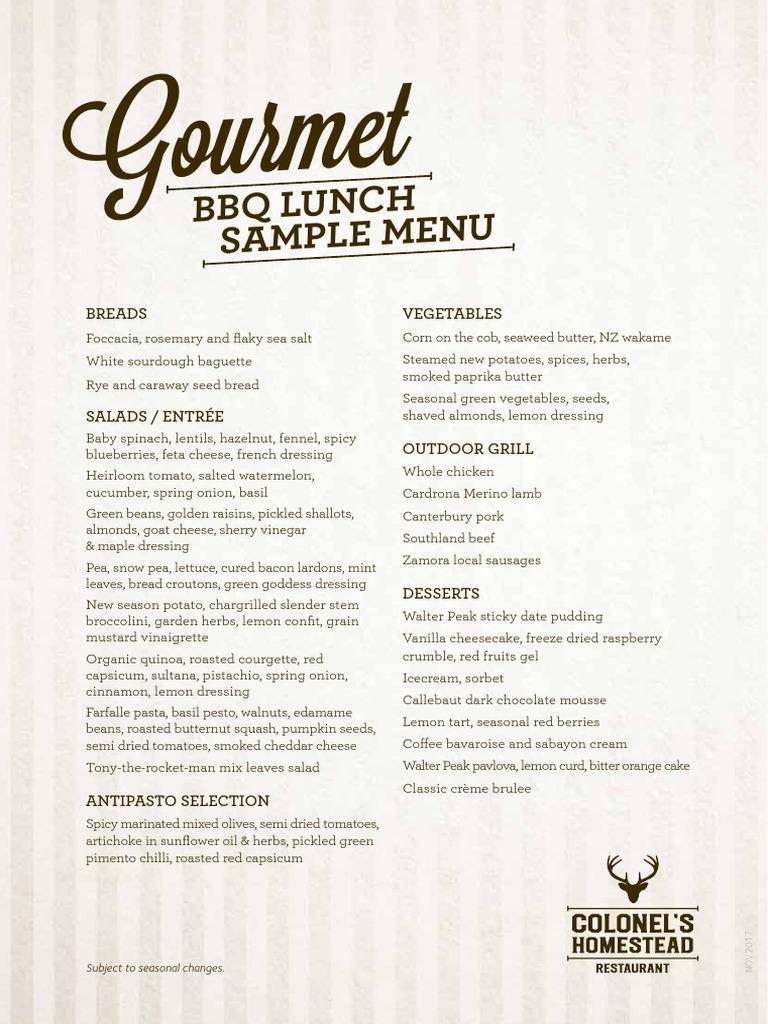 Walter Peak-Gourmet-Bbq-Lunch Summer Sample Menu 2017 | PDF | Pickling ...