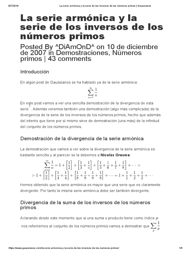 La Serie Armónica y La Serie de Los Inversos de Los Números Primos Gaussianos | PDF | Número ...