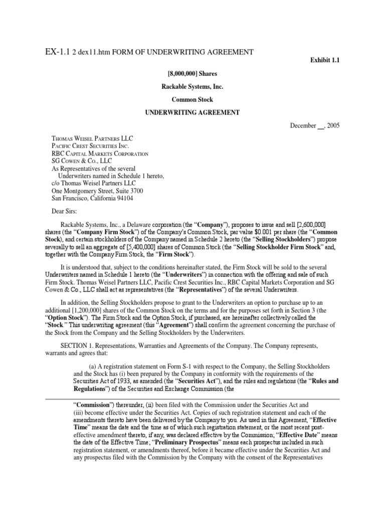 2 Dex11.Htm Form of Underwriting Agreement: Homas Eisel Artners Acific ...