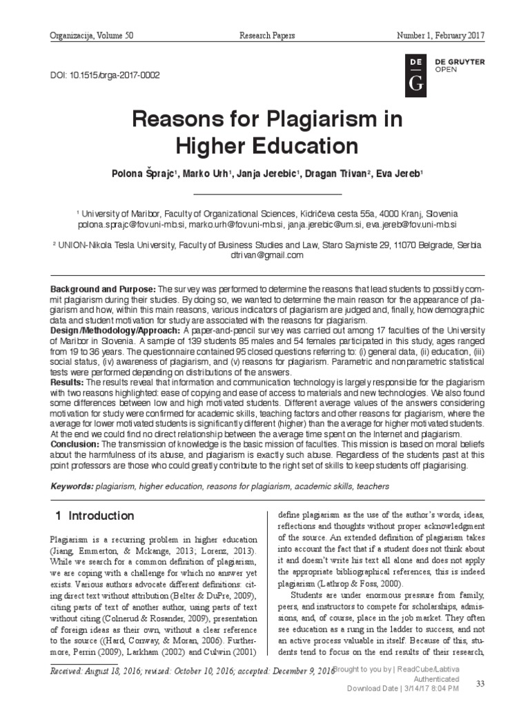 Reasons For Plagiarism in Higher Education | PDF | Plagiarism | P Value Reasons For Plagiarism in Higher Education | PDF | Plagiarism | P Value