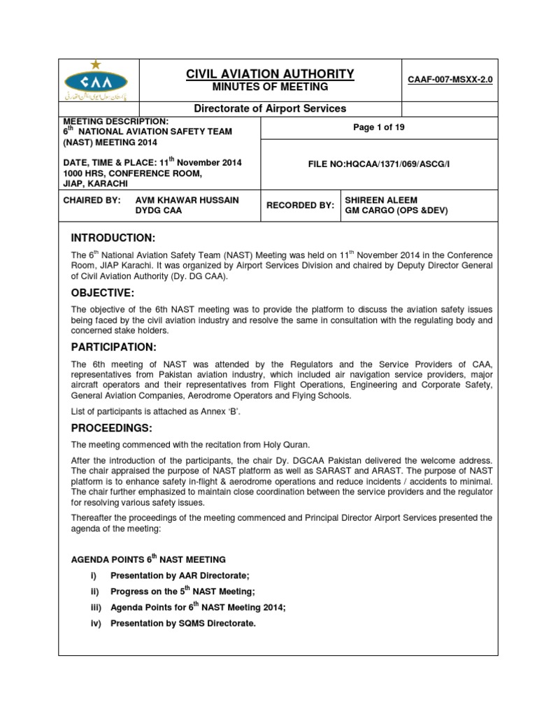 Minutes of the 6th National Aviation Safety Team Meeting | PDF | Air ...