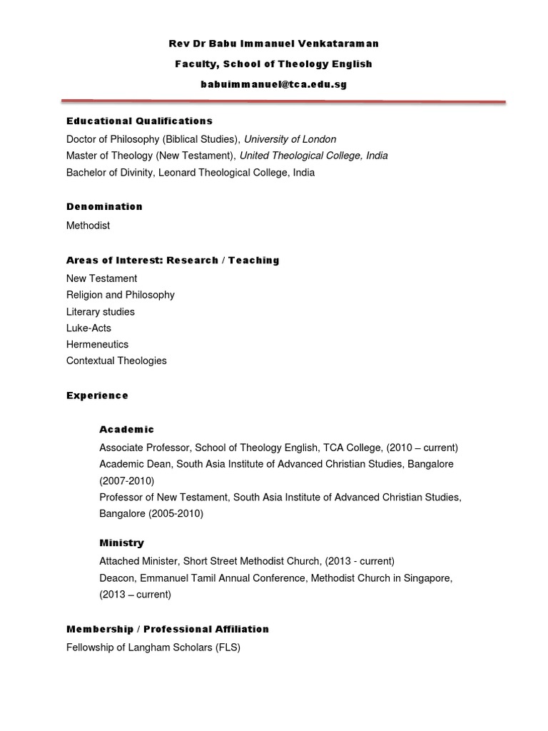 Babu Immanuel Faculty Web CV | PDF | New Testament | Theology