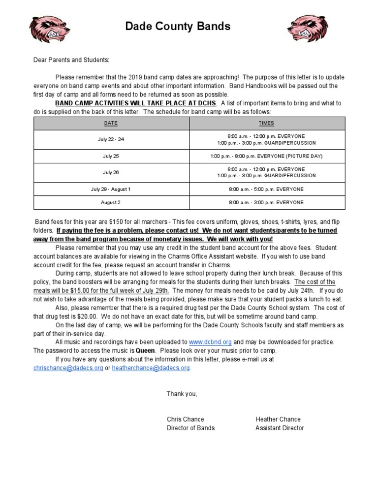 2019 Band Camp Letter | PDF | Business
