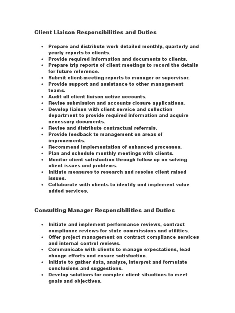 Client Liaison Responsibilities and Duties | PDF | Strategic Management ...