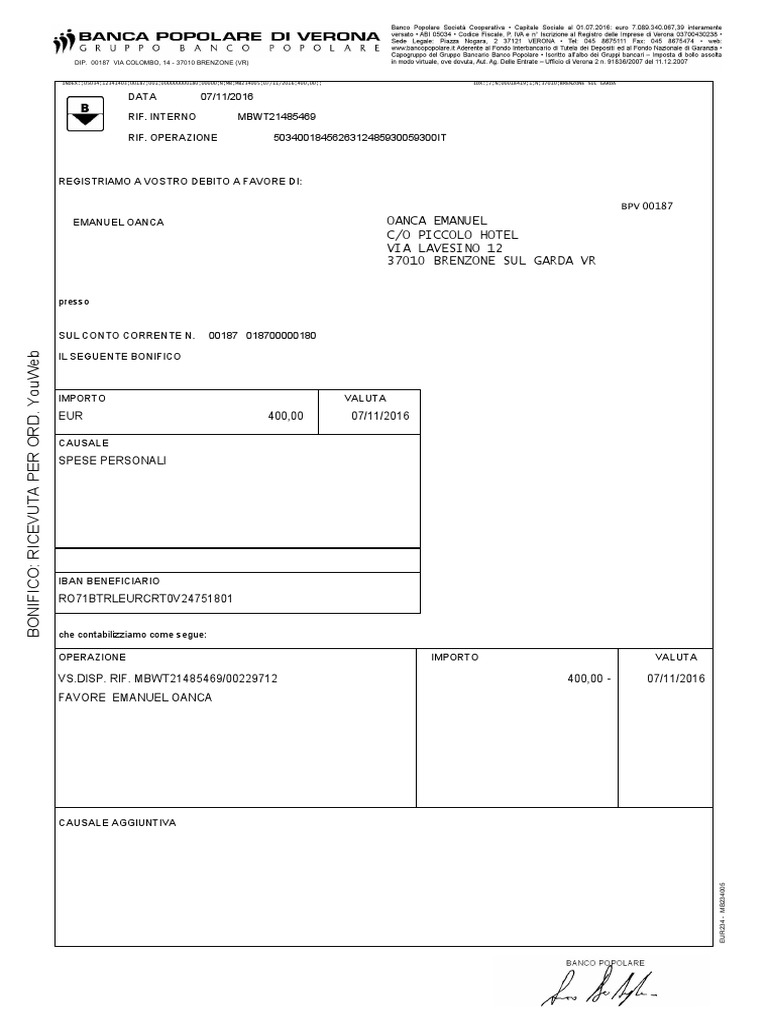 Bonifico - Ricevuta Per Ordinante | PDF