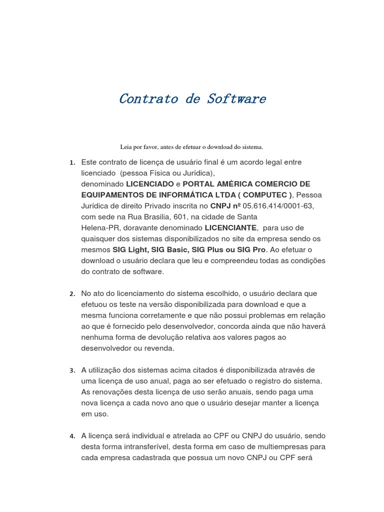 Contrato de Software | PDF | Escrituração contábil | Contabilidade