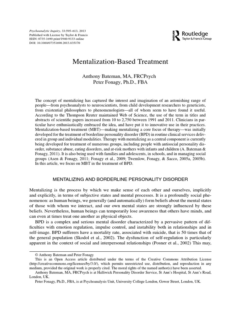Mentalization-Based Treatment - Bateman y Fonagy 2013 | PDF | Psychotherapy | Attachment Theory
