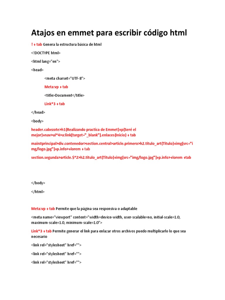 Atajos en Emmet para Escribir Código HTML | PDF | Hipertexto | Desarrollo web