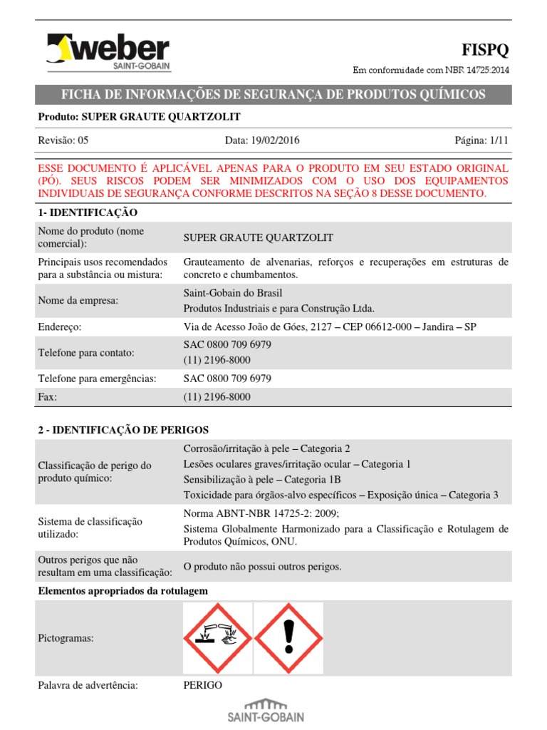 Fispq Super Graute Quartzolit Rev05 Vs01 | PDF | Cimento | Dermatite