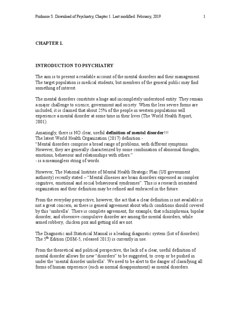 Chapter 1 Introduction To Psychiatry Pdf Mental Disorder Psychiatry