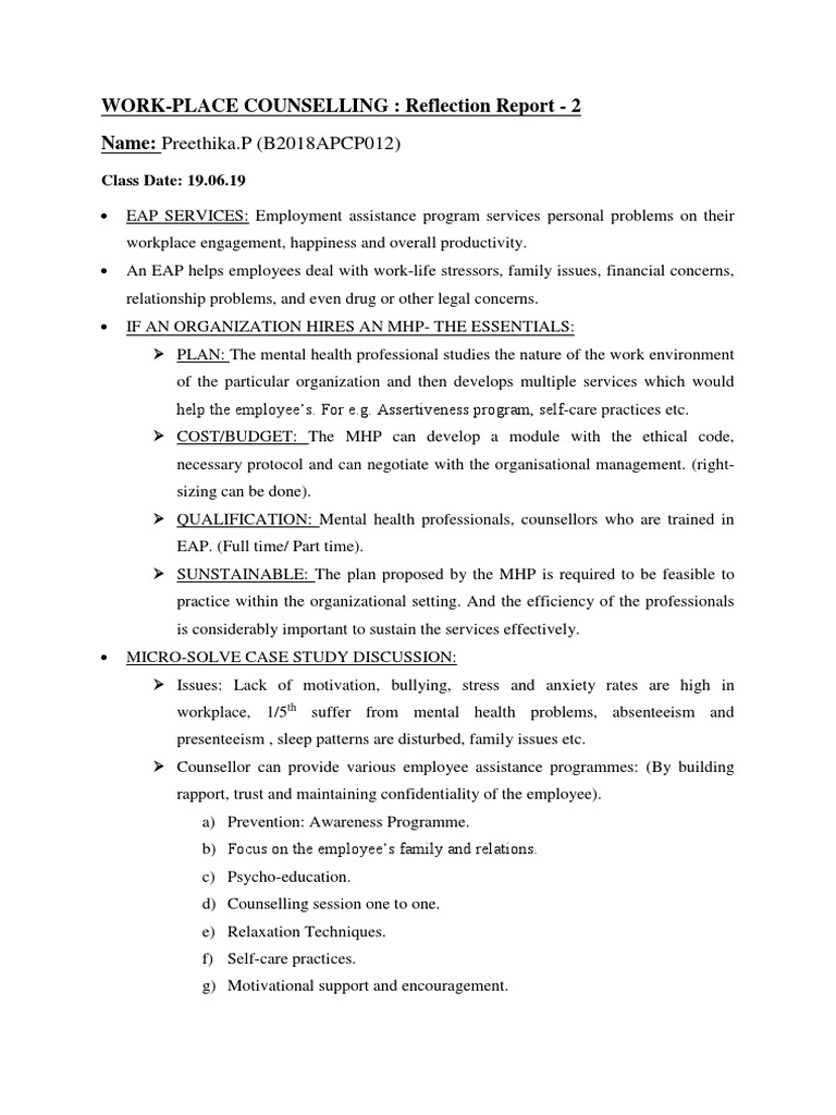 WORK-PLACE COUNSELLING: Reflection Report - 2 Name: Preethika.P ...