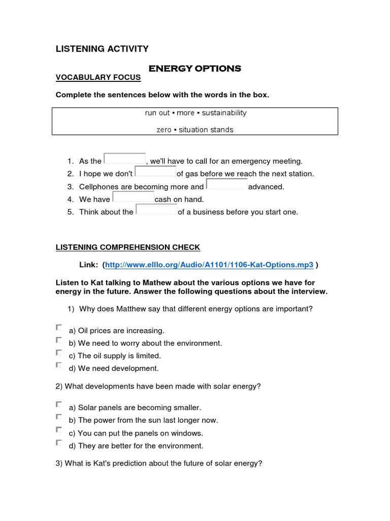 Energy Options Listening Activity | PDF