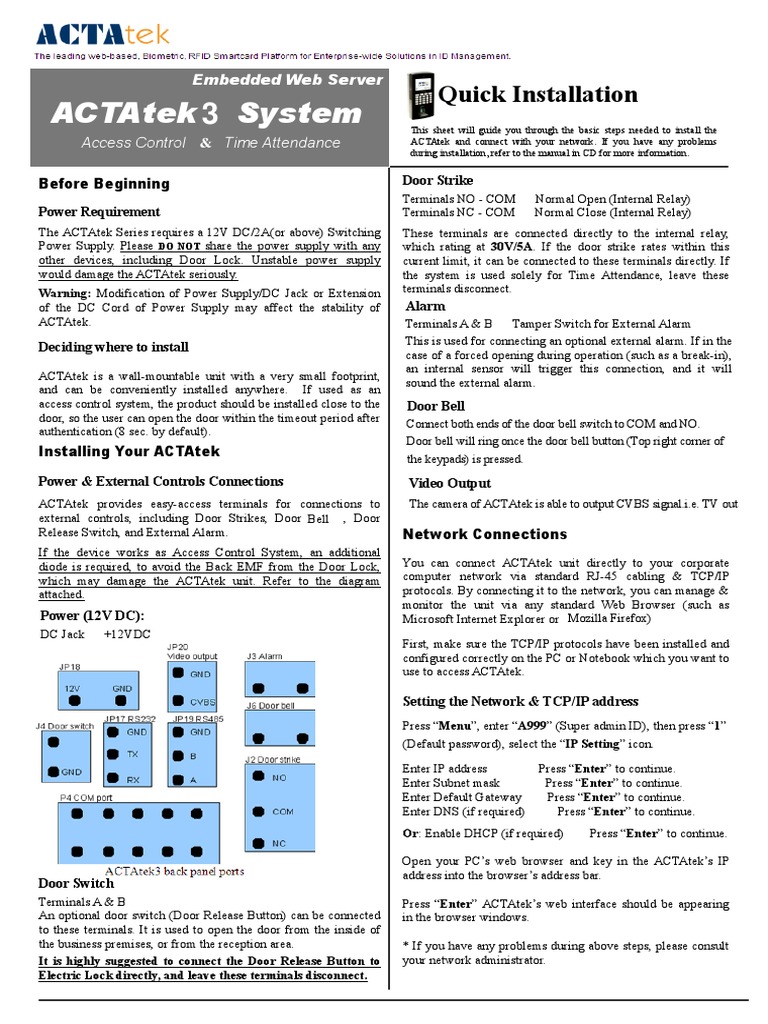 ACTAtek3 Quick Guide | PDF | Fingerprint | Internet Protocol Suite