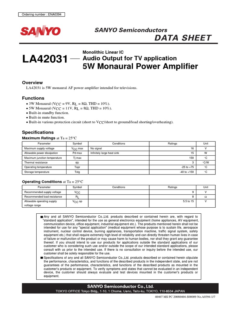 5W Monaural Power Amplifier: Audio Output For TV Application | PDF ...