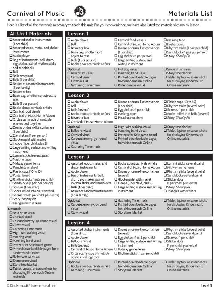 Carnival of Music Materials List: All Unit Materials Lesson 1 | PDF