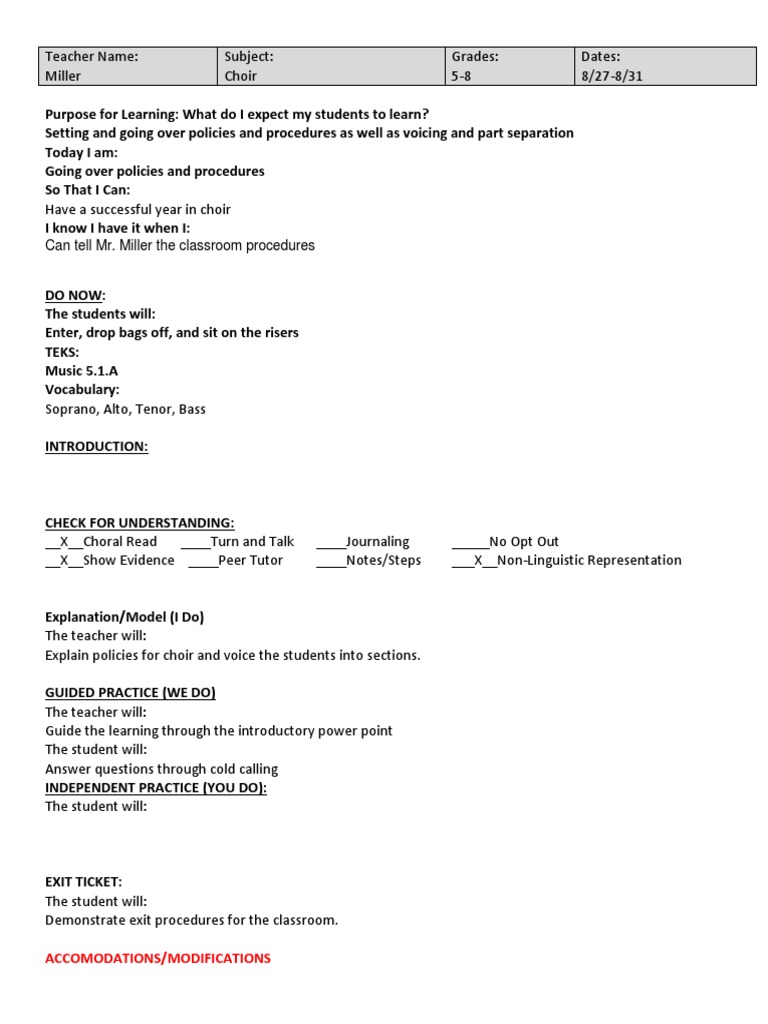 Choir Lesson Plans First Week | PDF