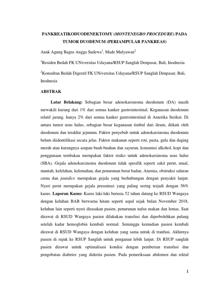 Pankreatikoduodenektomy (Montenegro Procedure) Pada Tumor Duodenum (Periampular Pankreas) | PDF