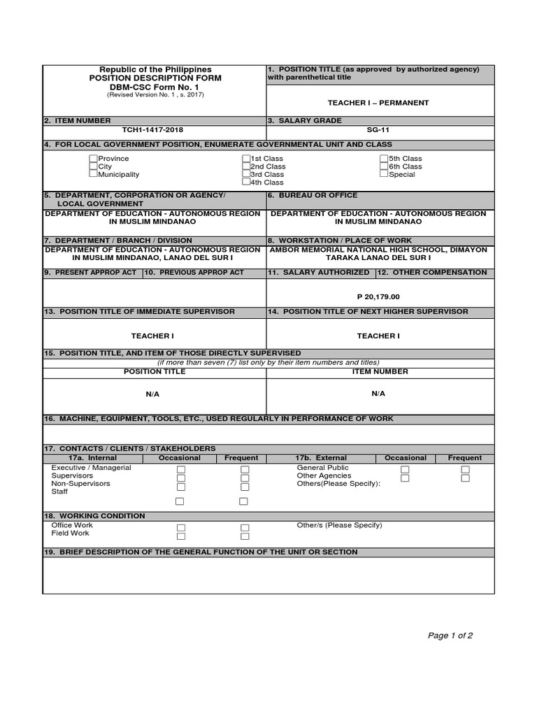 Republic of The Philippines Position Description Form DBM-CSC Form No ...