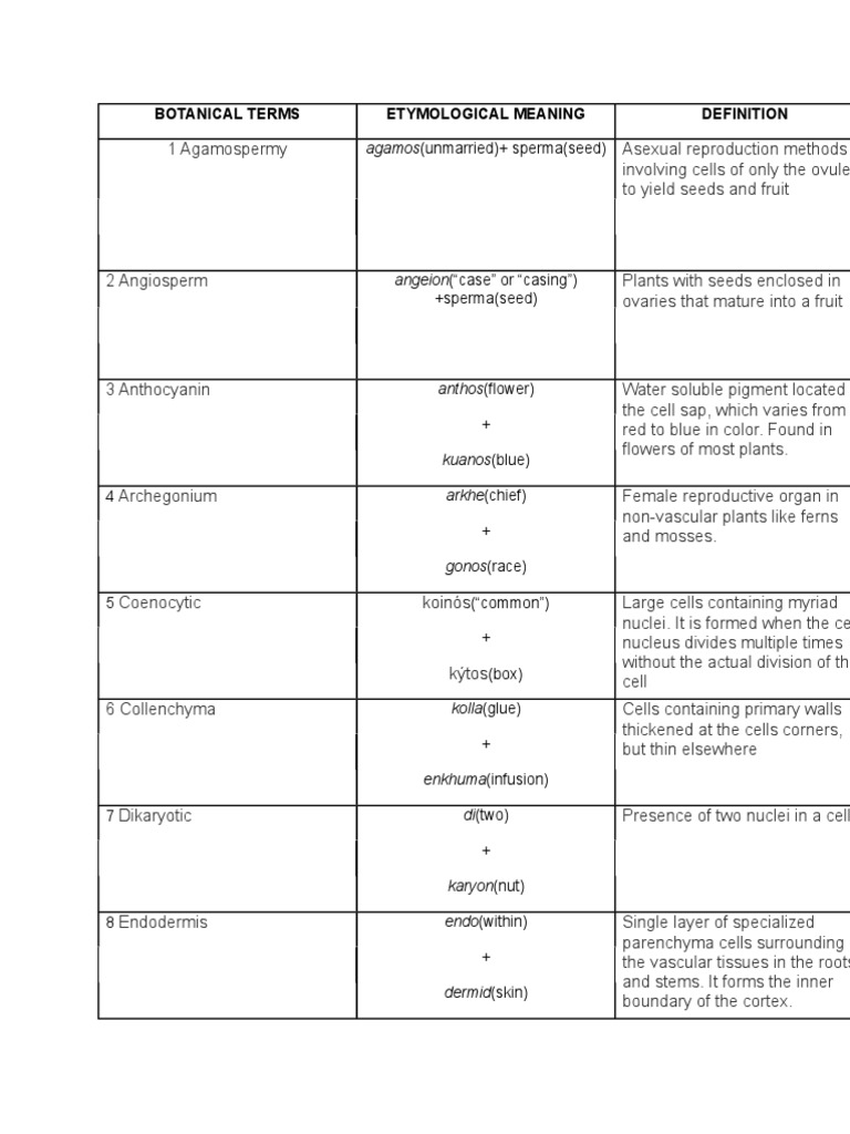 Botanical Terms Etymological Meaning: +sperma (Seed) | PDF | Seed | Plants