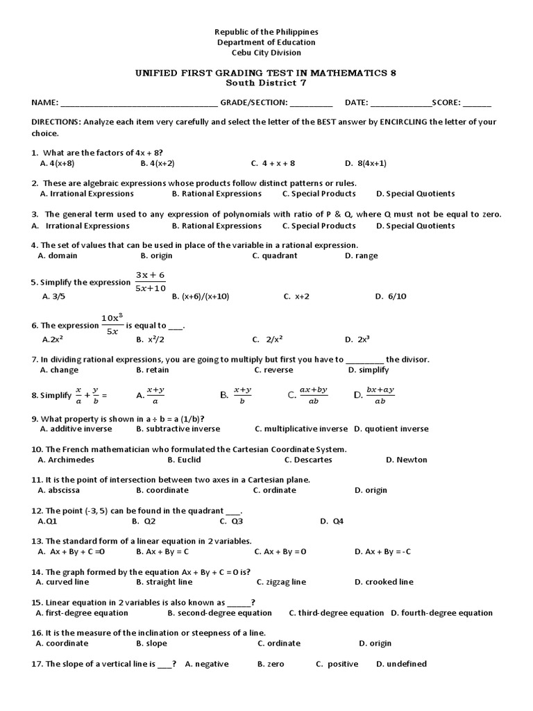 Summative Test in Factoring | PDF | Line (Geometry) | Rational Number