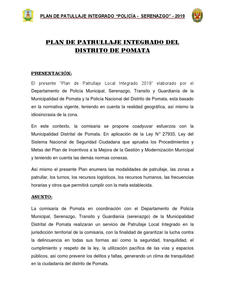 Plan de Patrullaje Integrado Del Distrido de Pomata | PDF | Policía ...